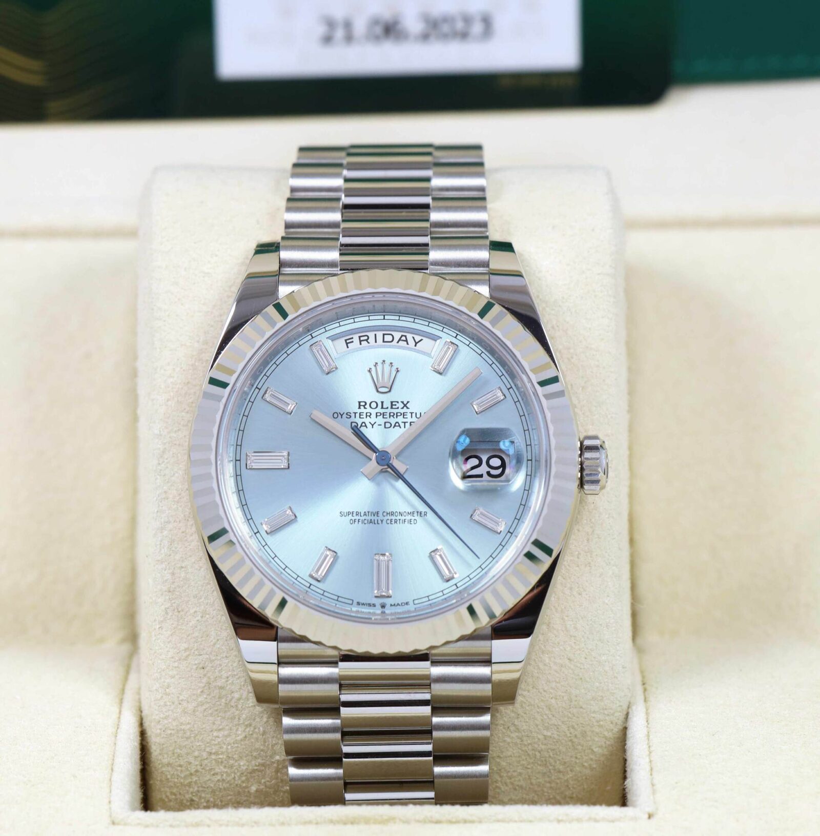 New 2023 Rolex Day-Date President 228236 Platinum Ice Blue Baguette ...