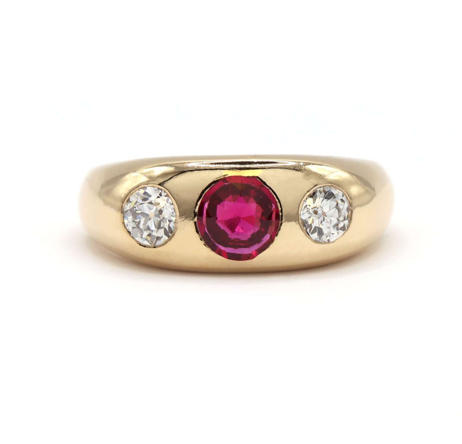 Red Ruby Round Old European Cut Diamond Gypsy Set 10K Yellow Gold Mens ...