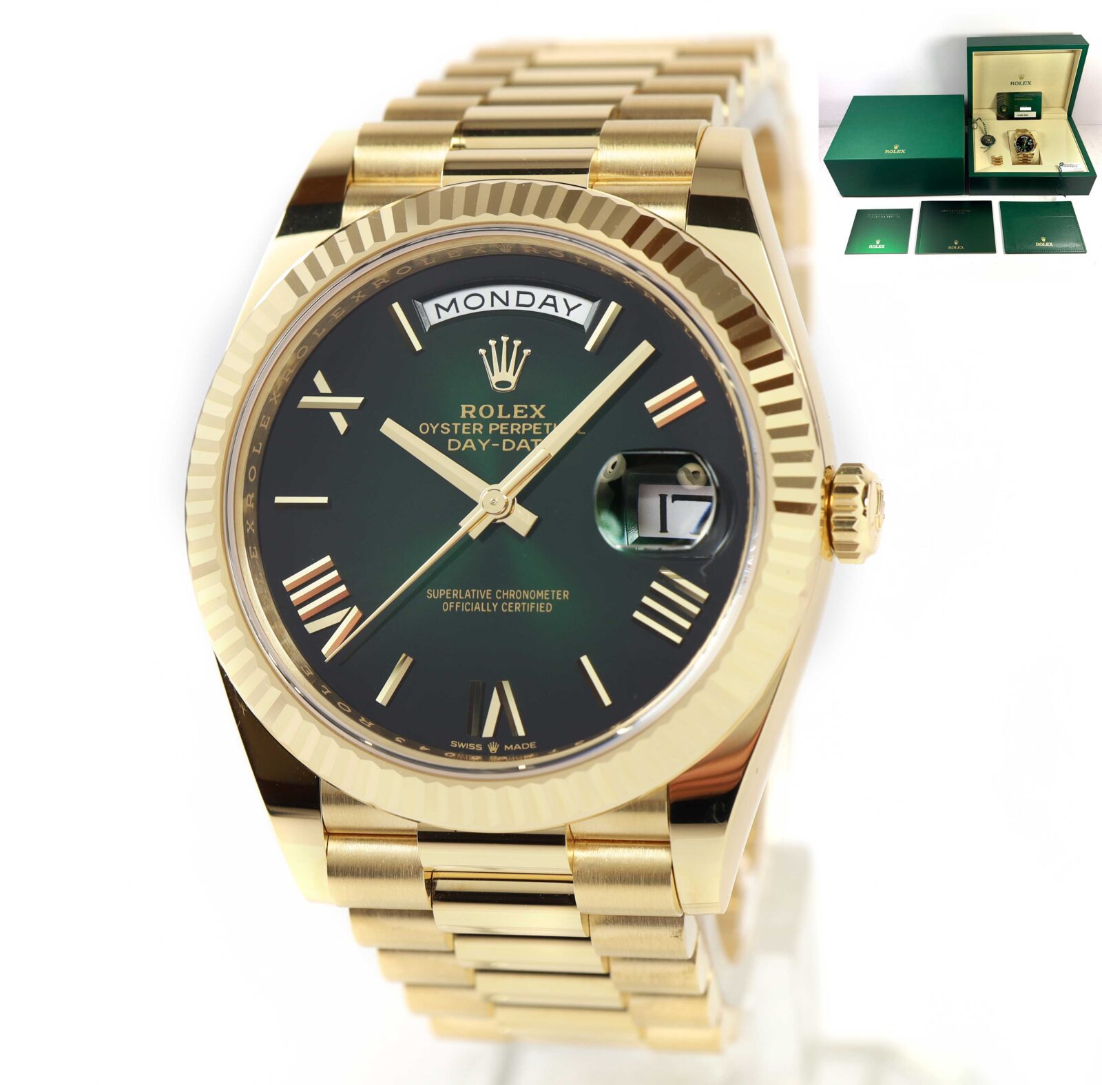 New 2025 Rolex Day-Date President 228238 40MM Green Ombre 18K Yg Box Papers