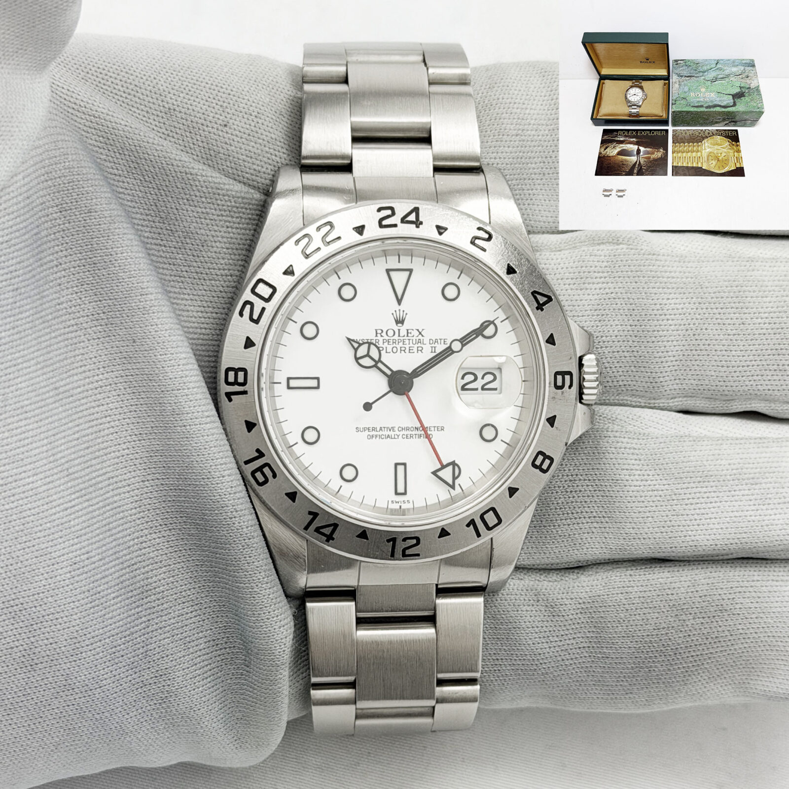 1999 Rolex Explorer II 16570 40MM Polar White Dial Steel Box Paper A-Serial